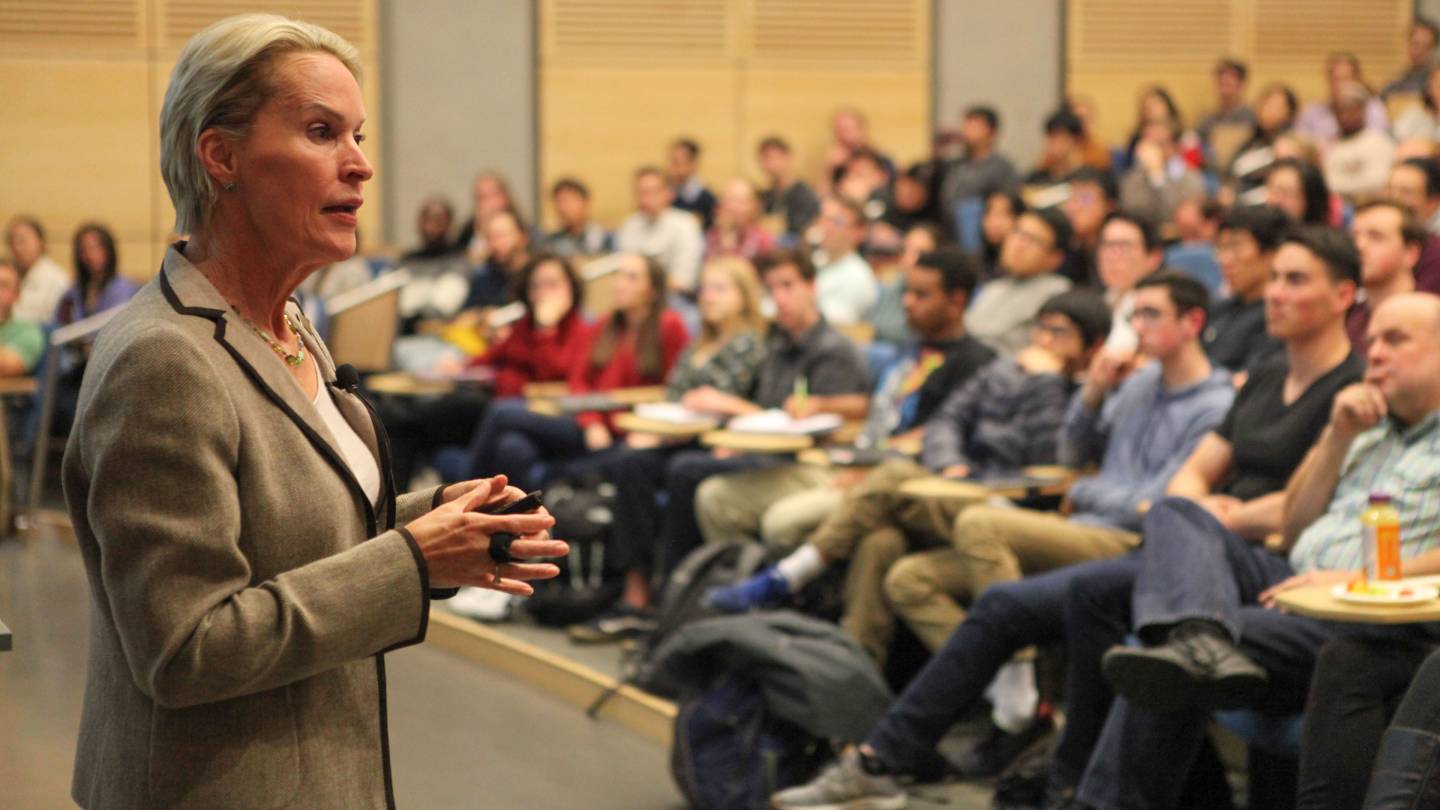 Nobel laureate Frances Arnold talks with students and researchers on campus