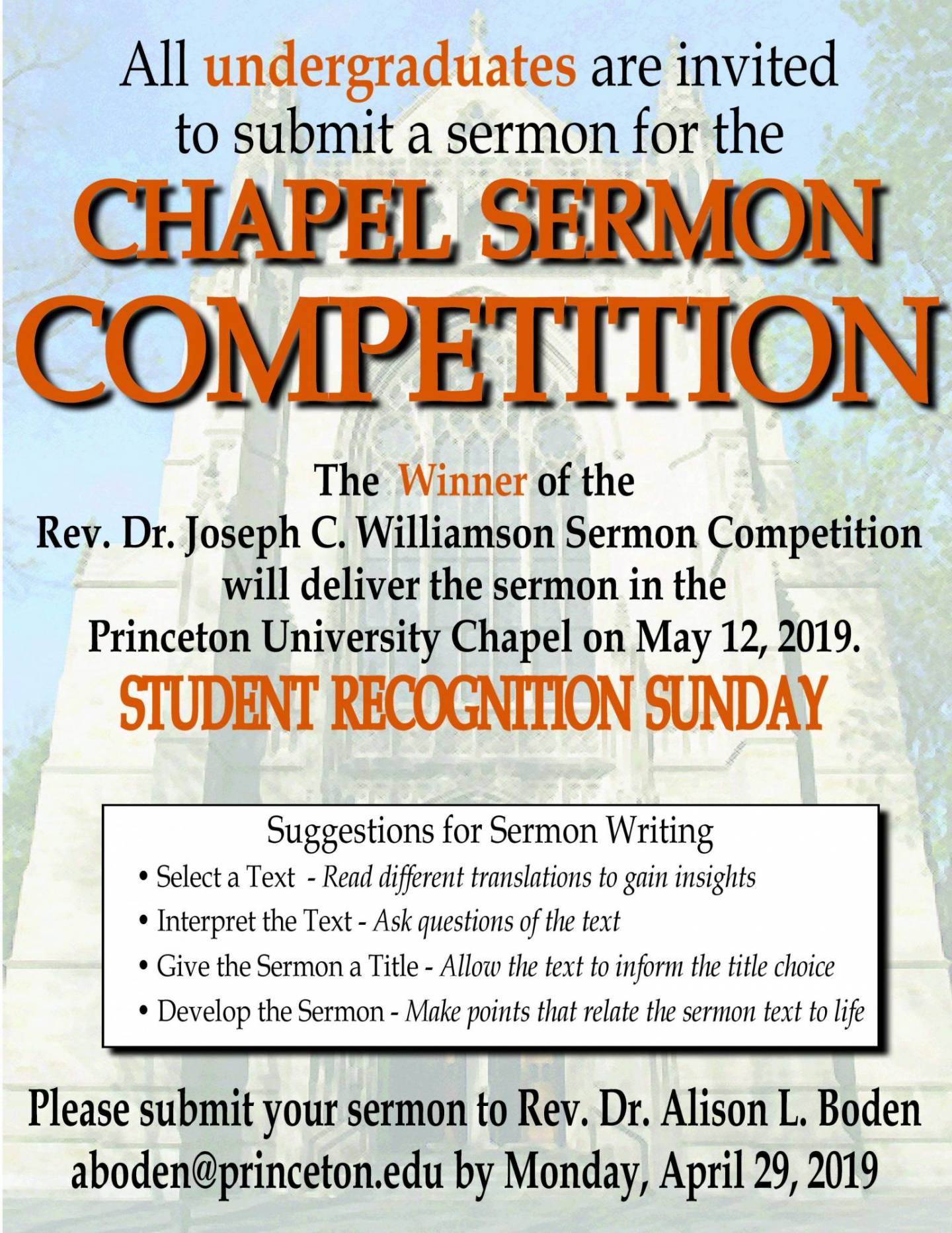 Chapel Sermon Competition - deadline today - April 29, 2019